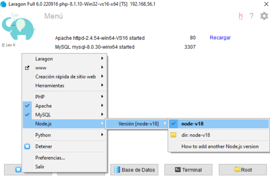Agregar nueva versión de Nodejs a Laragon - Laragon